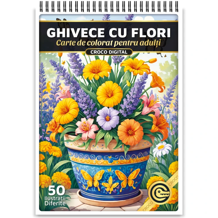 Carte de colorat pentru adulti, Ghivece cu Flori - Croco Digital